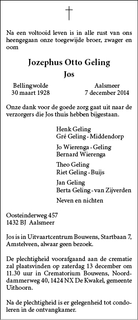 Overleden: Jozephus Otto Geling (30-03-1928 - 07-12-2014)