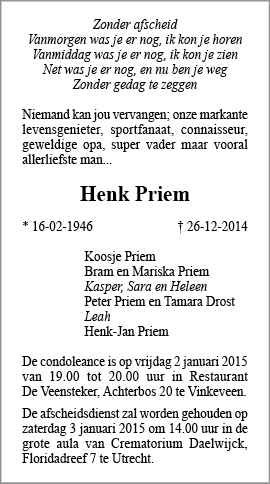 Overleden: Henk Priem (16-02-1946 - 26-12-2014)