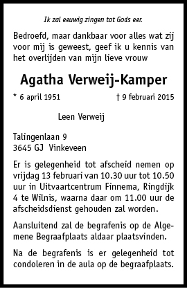 Overleden: Agatha Verweij-Kamper (06-04-1951 - 09-02-2015)