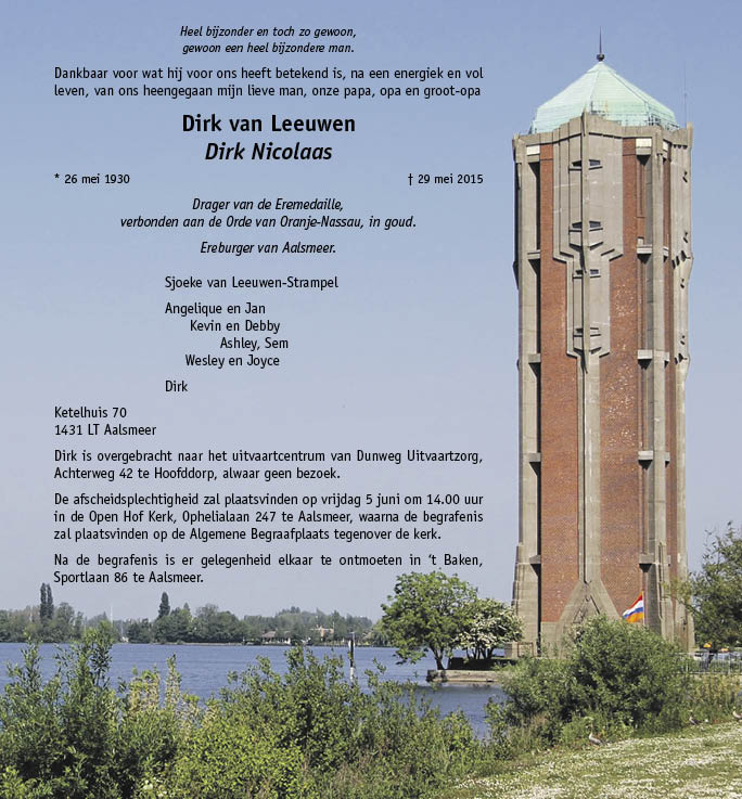 Overleden: Dirk van Leeuwen (26-05-1930 - 29-05-2015)