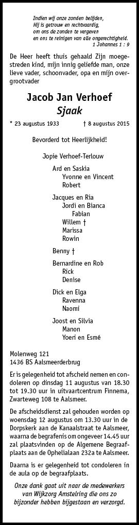 Overleden: Jacob Jan Verhoef (23-08-1933 - 08-08-2015)