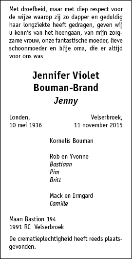 Overleden: Jennifer Violet Bouman-Brand (10-05-1936 - 11-11-2015)