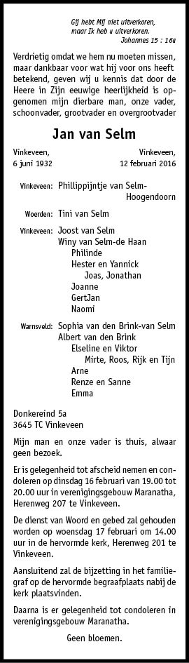 Overleden: Jan van Selm (06-06-1932 - 12-02-2016)