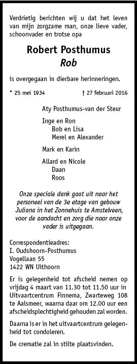 Overleden: Robert Posthumus (25-05-1934 - 27-02-2016)
