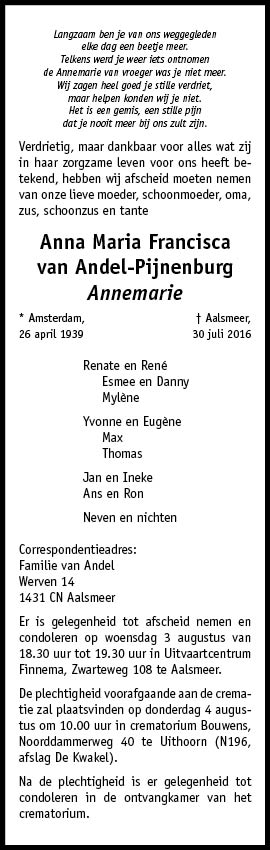 Overleden: Anna Maria Francisca van Andel-Pijnenburg (26-04-1939 - 30 ...