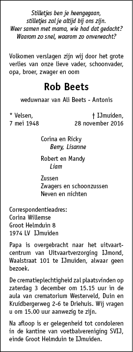 Overleden: Rob Beets (7-05-1948 - 28-11-2016)