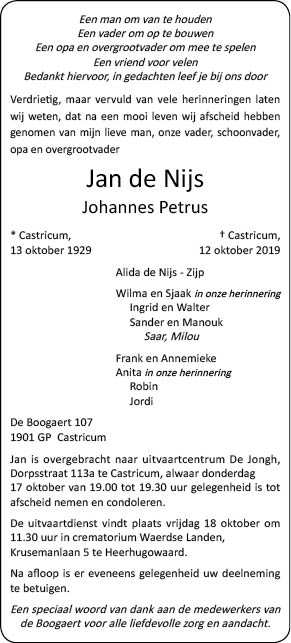 Overleden: Jan de Nijs (13-10-1929 - 12-10-2019)