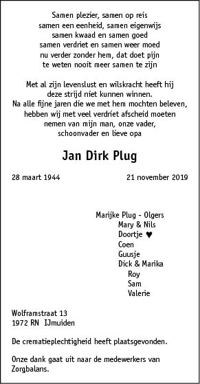Overleden: Jan Dirk Plug (28-03-1944 - 21-11-2019)