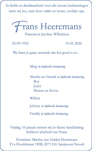Overleden: Frans Heeremans Franciscus Jacobus Wilhelmus (20-09-1932 ...